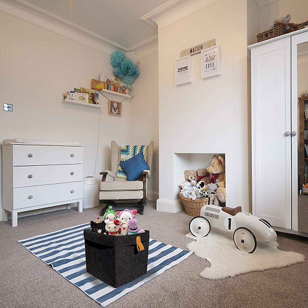 FADDA Felt storage basket, Fabric Cloth Storage Bin Collapsible Organizer Basket with Handle for Cloth Toys Foldable Cloth Bin for Bedroom Playroom Office (Dark Gray)