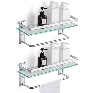 Geetery 2 Sets Glass Bathroom Shelf with Towel Bar 15.75 x 4.5 Inches Wall Mounted Aluminum Tempered Glass Shelf Rustproof Shelves Bathroom Hand Towel Holder with Shelf Shower Rack Bathroom Hardware