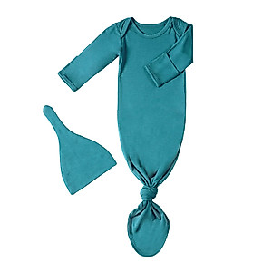 COOZYNANA Baby Newborn Knotted Gown, Ultra Soft Baby Knotted Sleeper Gown and Hat Set, Unisex Infant Sleep Onesie, Baby Boy Girl Coming Home Outfit, 0-3 Months, Blue Green