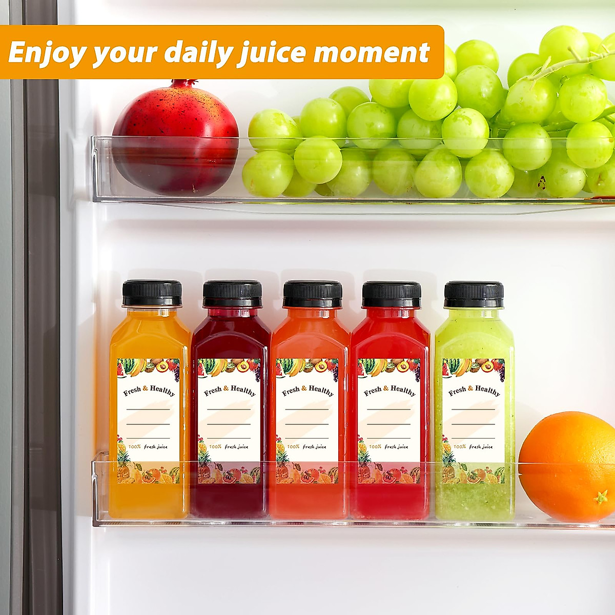 Moretoes 128pcs 12oz Juice Bottles, Plastic Juice Bottles with Caps, Reusable Drink Containers for Juicing, Smoothie and Other Beverages