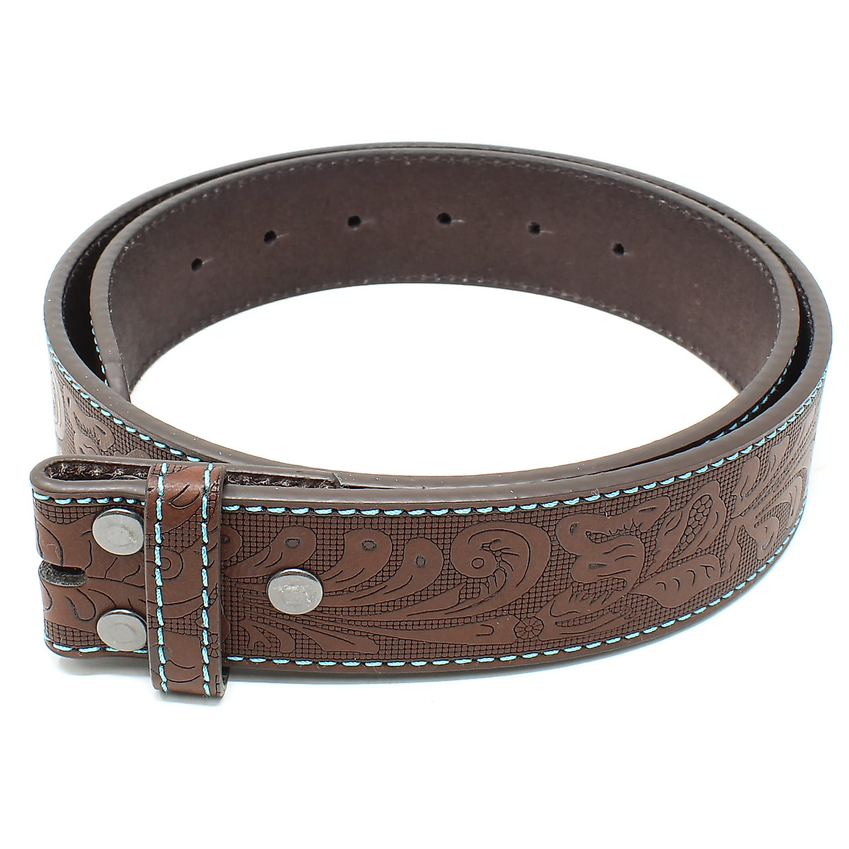 BC Belts Leather Belt Strap with Embossed Western Scrollwork 1.5" Wide with Snaps (Brown/Teal-S)