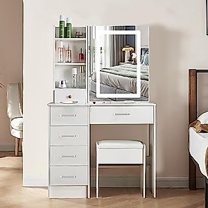 Saihemei Modern Makeup Vanity Desk with Mirror and LED Light, Makeup Table with 6 Drawers, Storage Shelves and Chair, 3 Lighting Modes and Adjustable Brightness for Mother Daughter