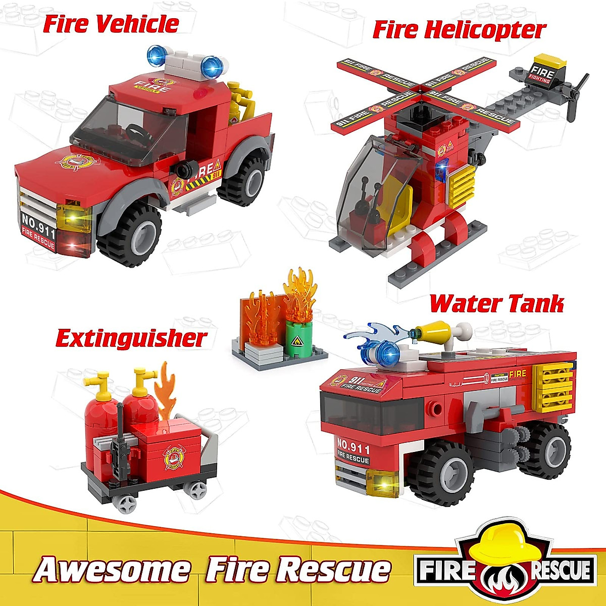 WishaLife City Fire Station Toy Building Set, with 2 Fire Truck Toys, Helicopter, Pretend Play Toys Gift Idea for Kids Boys Girls Ages 6 Plus