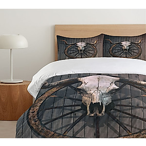 Ambesonne Barn Wood Wagon Wheel Duvet Cover Set, Long Horned Bull Skull and Old West Wagon Wheel on Rustic Wall, Decorative 3 Piece Bedding Set with 2 Pillow Shams, Queen Size, White Black Brown