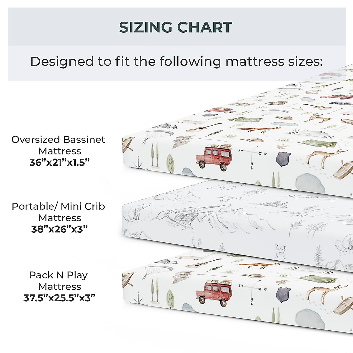 Pobibaby - 2 Pack Premium Pack N Play Sheets Fitted for Standard Pack and Plays and Mini Cribs - Ultra-Soft Cotton Blend, Stylish Woodland Pattern, Safe and Snug for Baby (Explore)