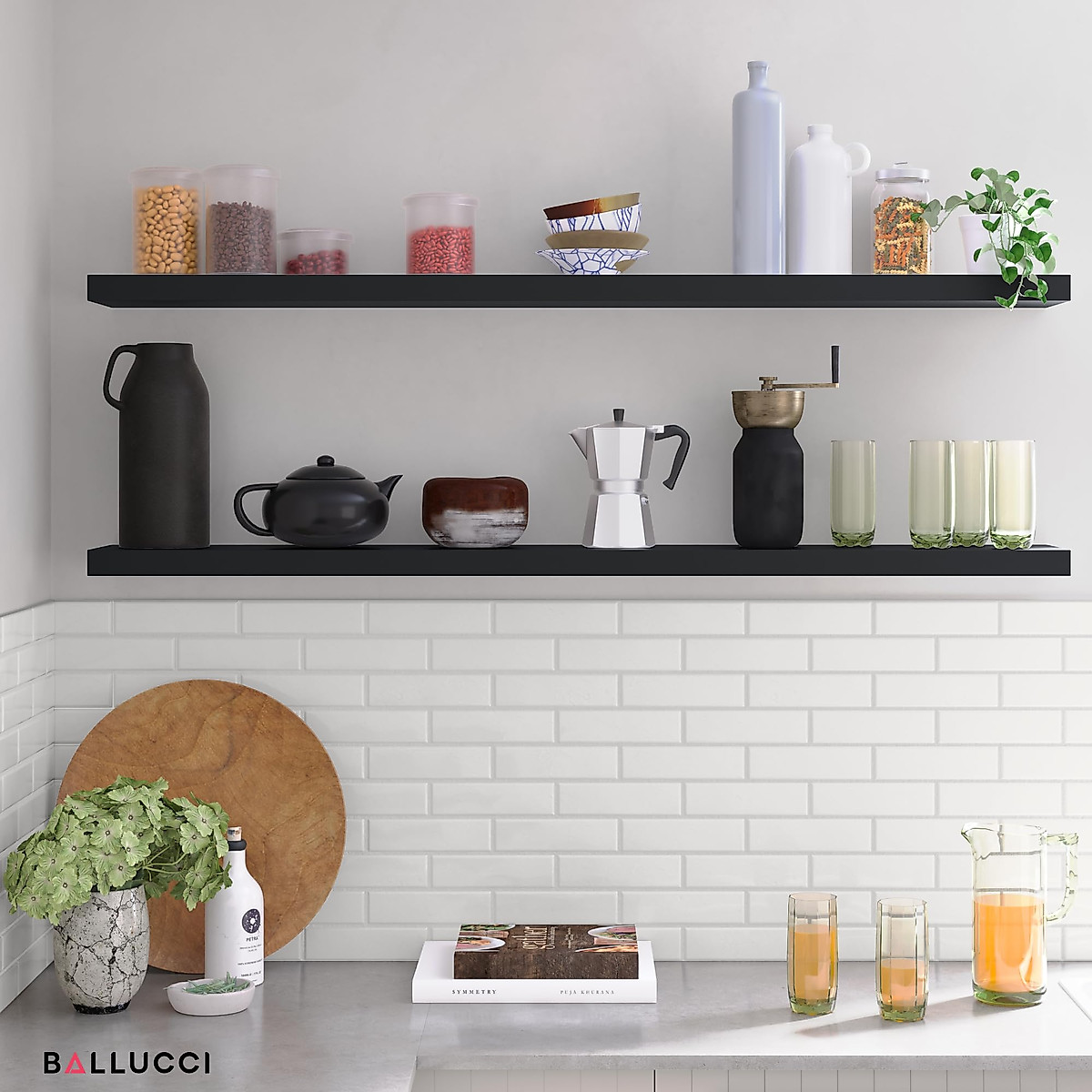 Ballucci Floating Shelves for Wall, 60" Wood Wall Shelf Set of 2, with Invisible Brackets for Bathroom, Living Room, Bedroom, Kitchen, Nursery, 8" Deep, Black