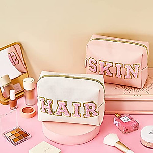 2 Pcs Preppy Patch Makeup Bag Chenille Letter Cosmetic Bag PU Leather Waterproof Toiletry Bag Portable Skin Makeup Pouch Preppy Organizer Accessory for Women Girls (White, Pink, Hair, Skin)