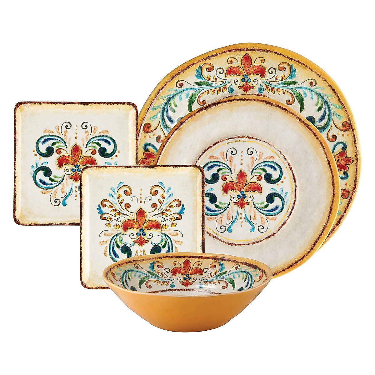 UPware 16-Piece Melamine Dinnerware Set, Includes Dinner Plates, Salad Plates, Dessert Plates, Bowls, Service for 4. (Tuscany)