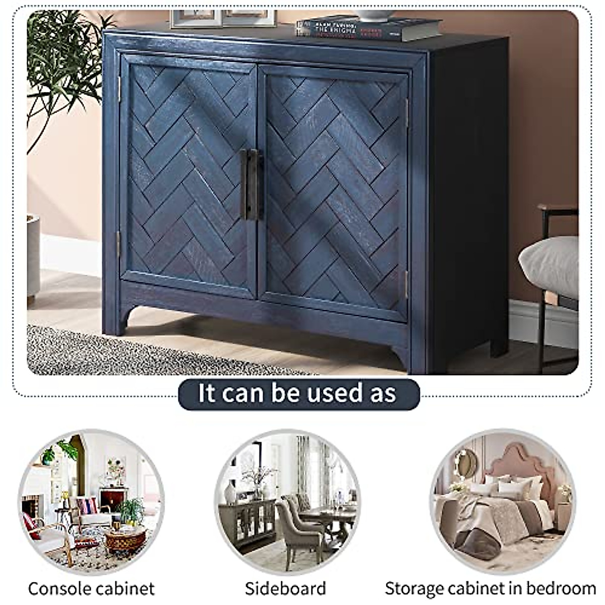 XD Designs Wood Console Table Sofa with 2 Adjustable Shelf, Modern Sideboard Buffet Storage Cabinet, Accent Cabinet for Entryway/Kitchen Dining Room/Living Room (Antique Blue-A) Blue-5)