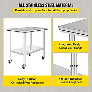 Stainless Steel Work Table 36x24 Inch Commercial Food Prep Worktable Heavy Duty Kitchen Table with Undershelf Metal Table w/Casters for Kitchen, Restaurant, Hotel, Garage (36in x 24in)