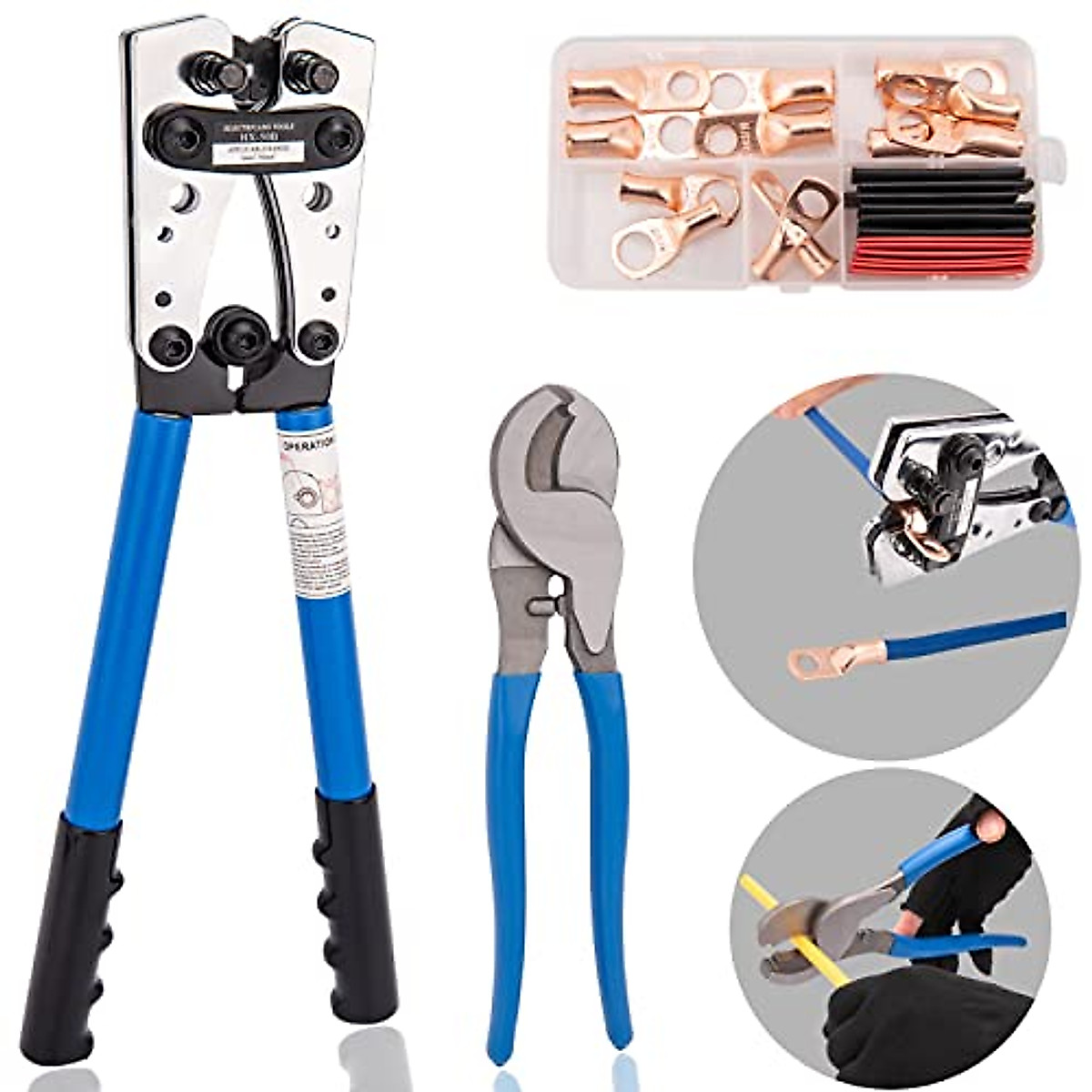 Battery Cable Crimping Tool Battery Terminal Crimper Battery Lug Crimper for Heavy Duty Wire Lug AWG 8-1/0 Electrical Lug Crimper with Cable Cutter and 12PCS Copper Lugs, Battery Cable Crimper