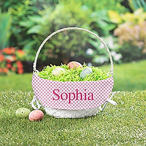 Personalized Easter Egg Basket with Handle and Custom Name | Pink Gingham Easter Basket Liners | White Basket | Woven Easter Baskets for Kids and Adults | Customized Easter Basket | Gift for Easter