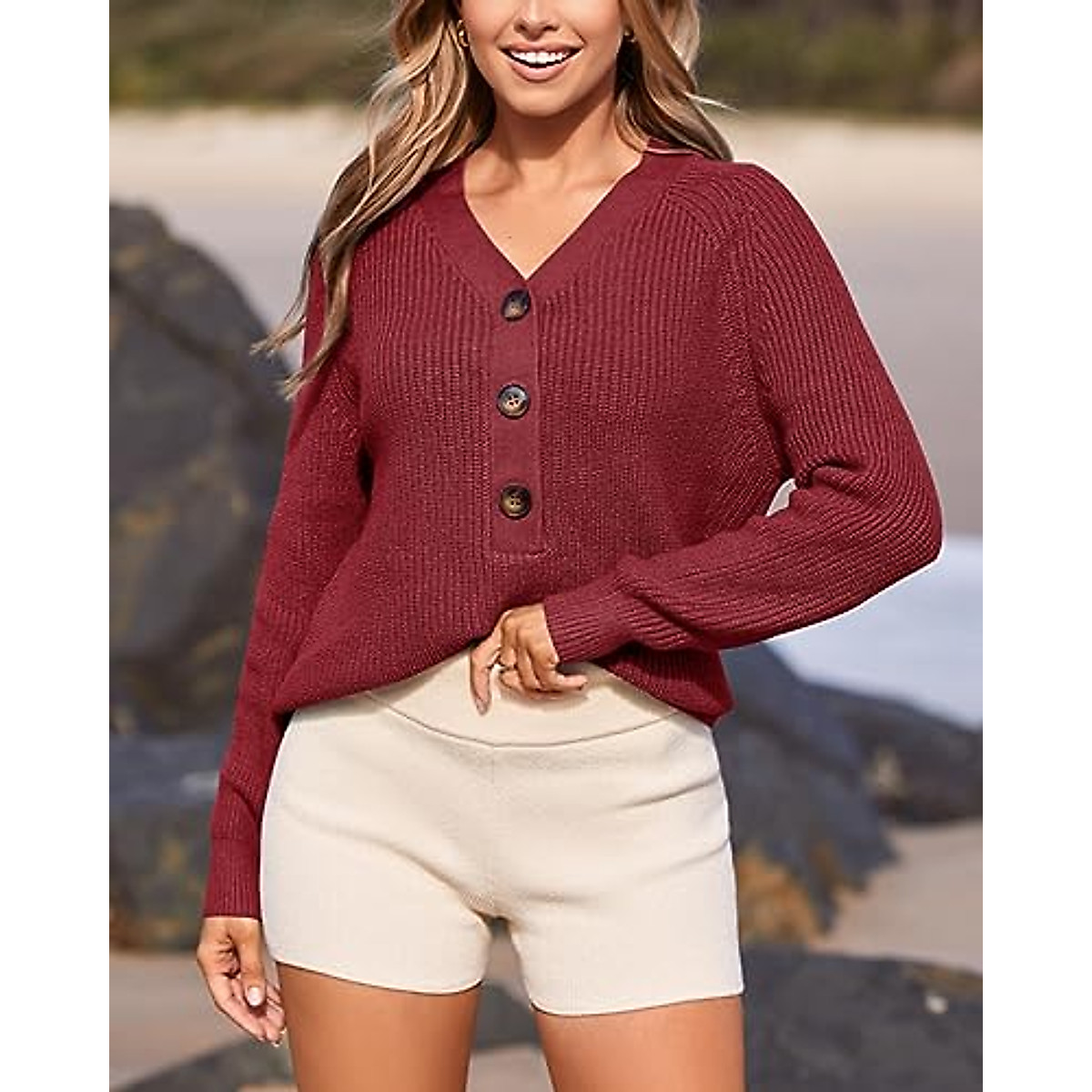 BTFBM Women Long Sleeve V Neck Button Down Sweater Solid Color Ribbed Knit Sweater Casual Relaxed Fit Pullover Jumper (Solid Jujube Red, Large)
