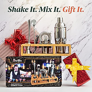 Elite Mixology Bartender Kit Cocktail Shaker Set by barillio: Drink Mixer Set with Bar Tools, Sleek Bamboo Stand, Velvet Carry Bag & Recipes Booklet