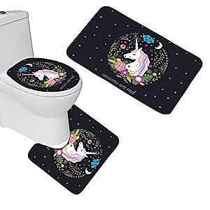 Amagical Unicorns are Real Pattern 16 Piece Bathroom Mat Set Shower Curtain Set Bath Mat Contour Mat Toilet Cover Fabric Shower Curtain with 12 Hooks Black (16)