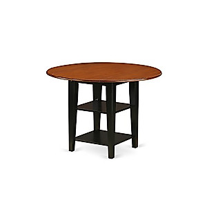 East West Furniture SUPF5-BCH-C 5 Piece Kitchen Table & Chairs Set Includes a Round Dining Table with Dropleaf & Shelves and 4 Linen Fabric Dining Room Chairs, 42x42 Inch, Black & Cherry