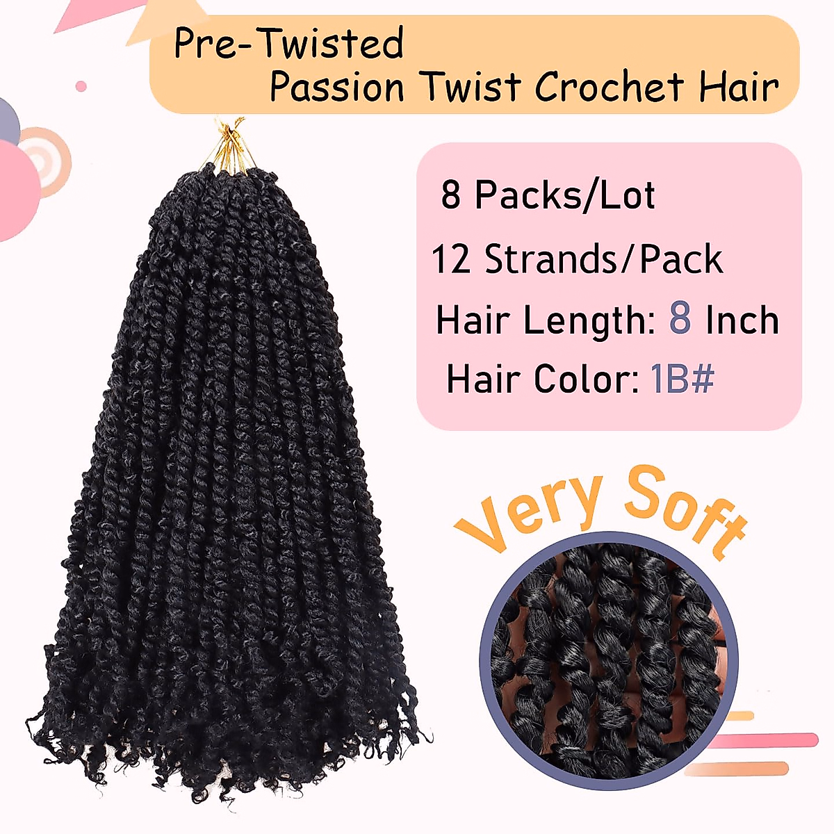 LOSMOEER 8 Packs Passion Twist Crochet Hair 8 Inch Natural Black Pre-twisted Crochet Passion Twist Hair Pre-looped Crochet Braids Hair for Women Passion Twists Braiding Hair Synthetic Hair Extensions