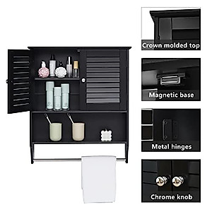 WEENFON Bathroom Wall Cabinet, Medicine Cabinet with 2 Shutter Doors & 2 Shelves, Bathroom Cabinet Wall Mounted with 1 Towels Rack, Over The Toilet Storage Cabinet, Black