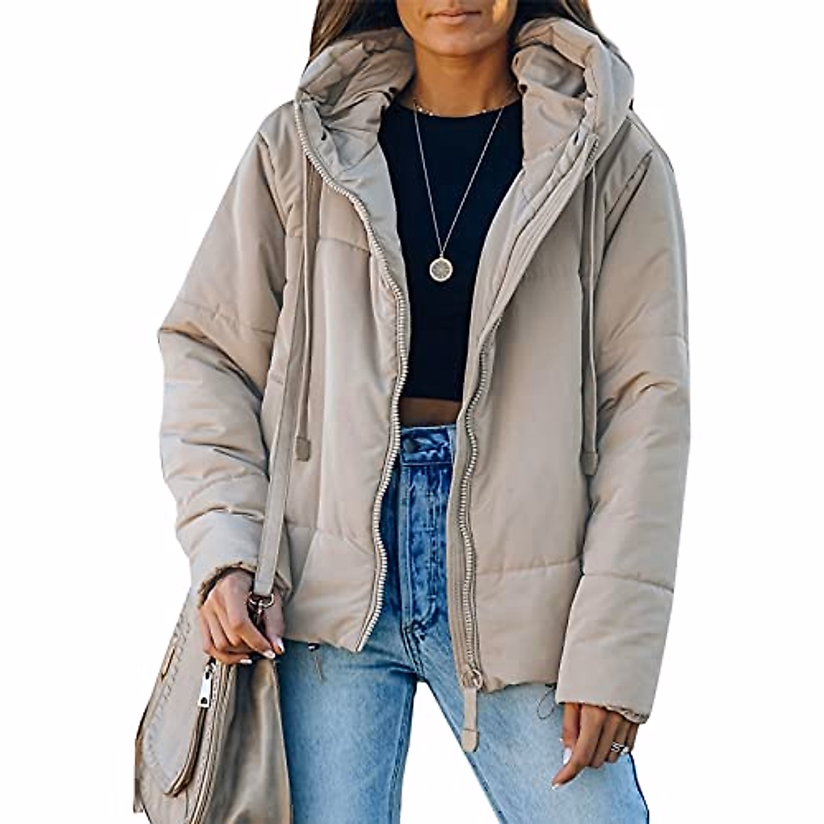 Dokotoo Womens Oversized Fashion Windbreaker Winter Autumn Full Zipper Front Drawstring Hooded Bomber Puffer Jacket Baggy Short Coats for Women Warm Comfy Soft Outerwear with Pockets Beige Medium