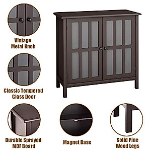 Tangkula Sideboard Buffet Storage Cabinet, Kitchen Storage Cabinet with 2 Glass Doors, Liquor Cabinet for Home Kitchen Dining Room, Cupboard Console Table, Curio Cabinet (Coffee)