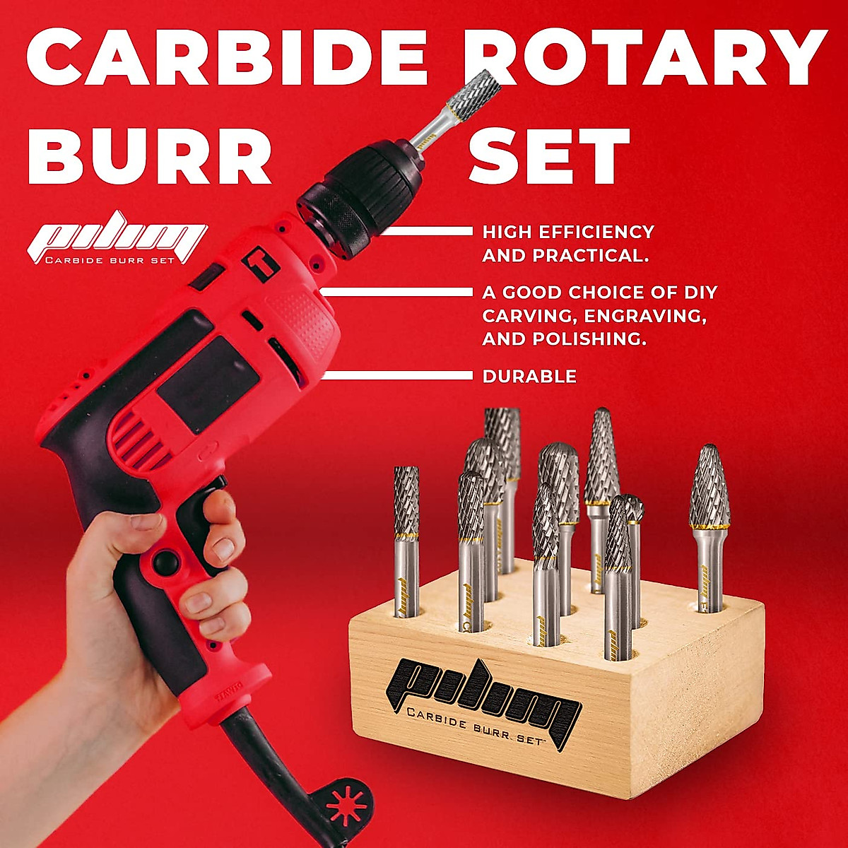 Tungsten Carbide Burr Set 1/4" Shank 10PC Double Cut Rotary Cutting Burrs Die Grinder Bits for Steel and Wood Working, Grinding, Carving, and Engraving