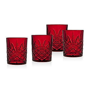 Godinger Double Old Fashioned Glasses, Beverage Glass Cups, Holiday Red - Dublin Collection, Set of 4