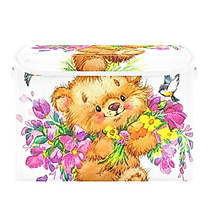 innewgogo Teddy Bear Flowers Storage Bins with Lids for Organizing Foldable Storage Box With Lid with Handles Oxford Cloth Storage Cube Box for Toys