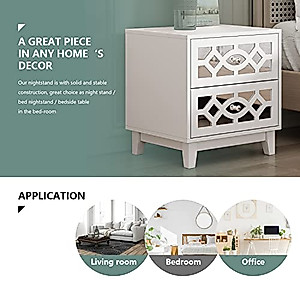 DiDuGo Nightstand with 2 Mirrored Drawers Set of 2, Wood End Table Bedside Table with Storage, Contemporary Style, Wooden Legs, for Bedroom White (18.9”W x 15.7”D x 19.7”H)