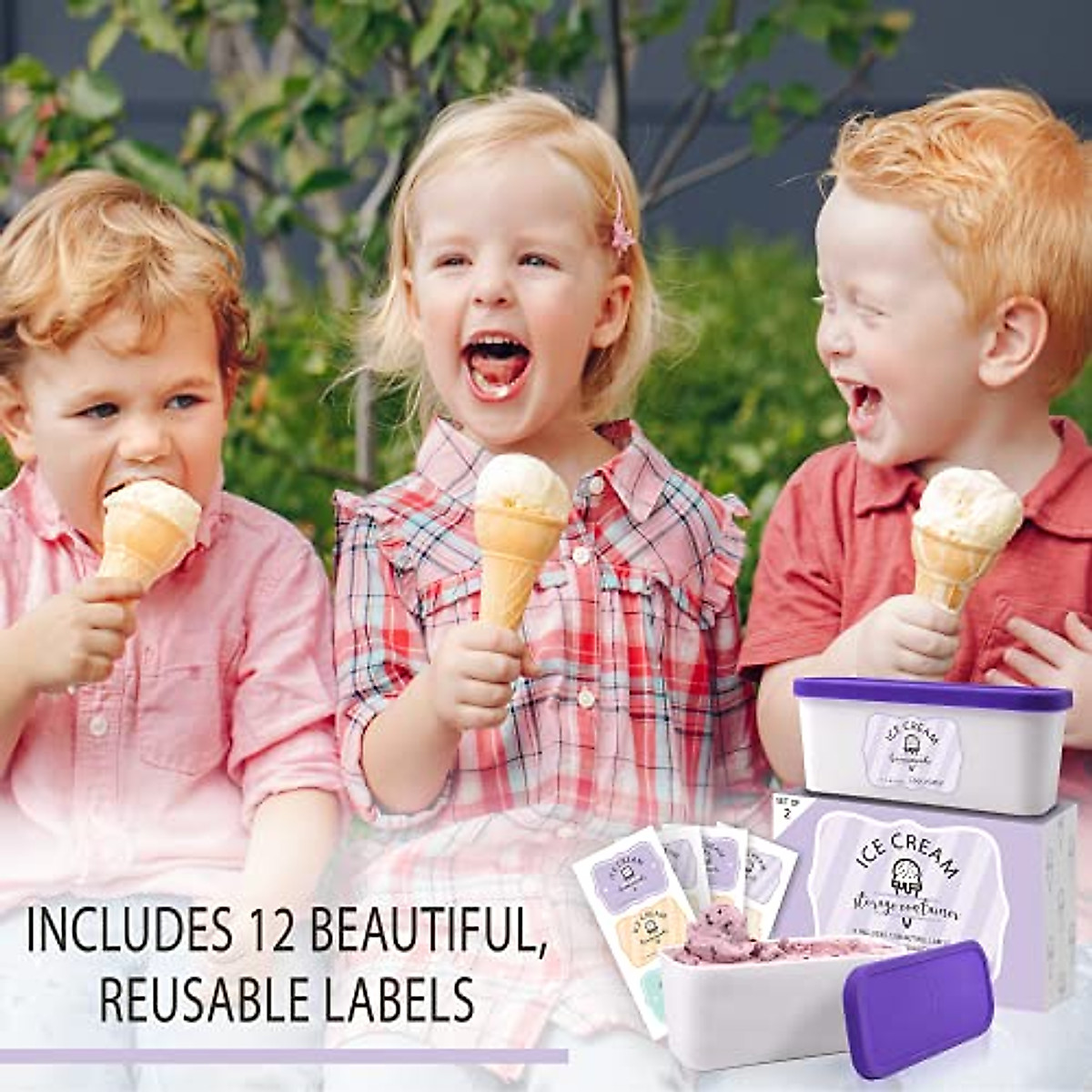 Set of 2 Reusable Ice Cream Tub Containers For Homemade Ice Cream 1.6 Quart Ea. - Perfect for Sorbet, Frozen Yogurt Or Gelato - Stackable Storage Containers, Stickers And Lids Stores Easily In Freezer