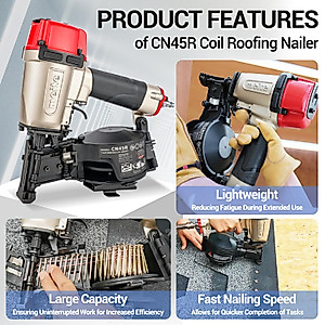 meite Roofing Nailer, Pneumatic Coil Roofing Nail Gun, Compatible with 15 Degree 7/8" to 1-3/4" Coil Roofing Nails, Lightweight Roofing Tools with Adjustable Nail Depth, Safety Switch (CN45R)