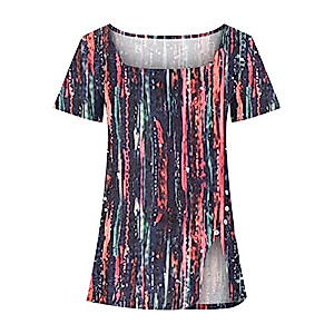 SMIDOW Womens Tunic Tops to Wear with Leggings 2023 Trendy Summer Short Sleeve Square Bohemian Shirts Long t-Shirt with Slit