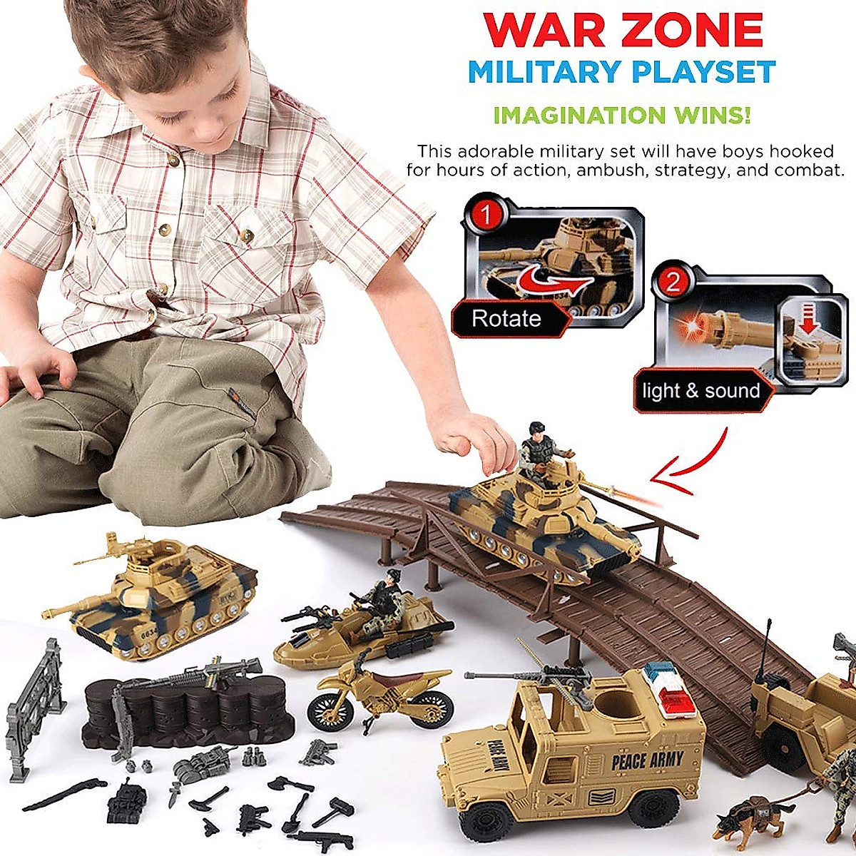 Liberty Imports 42 PCS Military Base Toy Combat Zone Playset - Battle Site with Tanks, Boat, Motorcycle, Trucks, Army Men Soldier Action Figures, Weapons, and Accessories for Kids