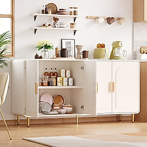 ONBRILL 60" Sideboard Buffet Cabinet with Storage, Curved Design Cabinet with 4 Doors & Adjustable Shelves Modern Console Table for Dining Room, Living Room, Kitchen, Hallway, Bedroom, White