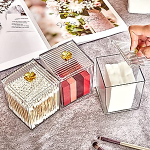 Obedpet 3 Pack Qtip Holder Dispenser,14 oz Acrylic Apothecary Jars with Lids,Bathroom Counter Organizer with Fashion Stripe for Cotton Swab, Cotton Ball ,Pads, Floss