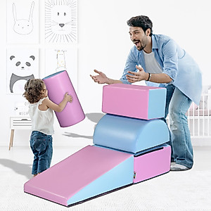 JOYMOR Soft Foam Climbing Blocks 5-Pieces Set, Climb and Crawl Foam Blocks, Beginner Toddler Climber Set with Slide & Ramp, Indoor Active Play Structures for Baby and Toddlers Age 1-3