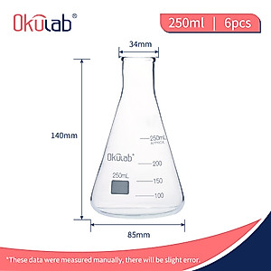 Okulab Conical Flask Set, 250mL Glass Erlenmeyer Flasks, Narrow Mouth, 3.3 Borosilicate Glass Conical Flask Set (case of 6) for Lab, Classroom, Craft, Kitchen,EFNG250A6
