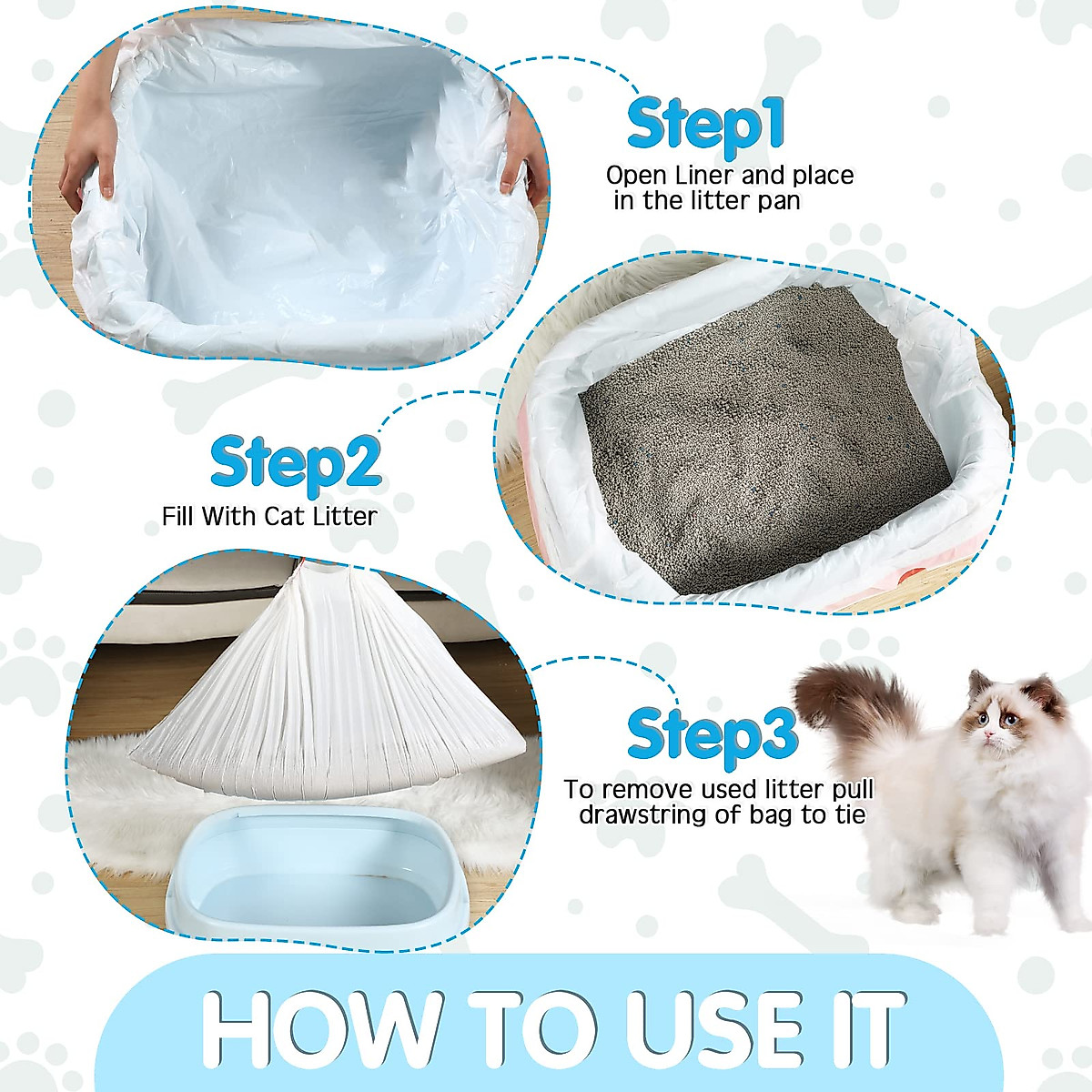 Jutom Large Cat Litter Box Liners, 80 Count, 36 x 18 in and 31 x 18 in, Scratch Resistant HDPE Material, Convenient Drawstring Design, Keep Home Clean