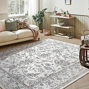 Area Rug Living Room Rugs - 5x7 Machine Washable Soft Farmhouse Boho Moroccan Floral Thin Rug Indoor Floor Carpet for Bedroom Under Dining Table Home Office Decor - Brown
