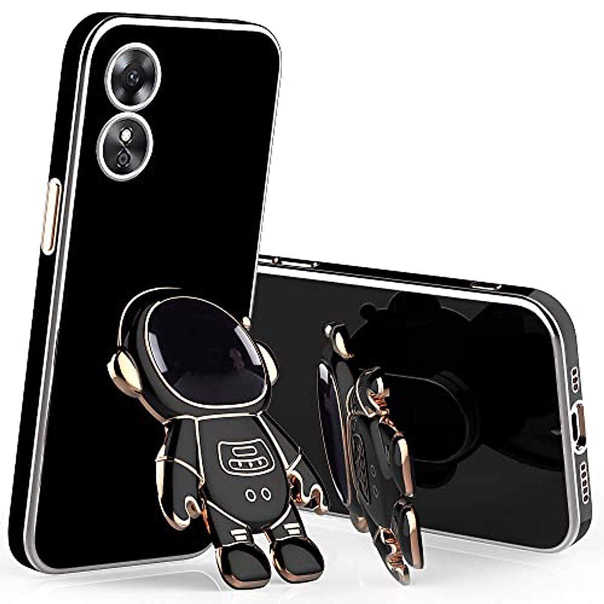 Jancyu for Oppo A17 Case Silicone with Space Astronaut Kickstand, Shockproof Phone Case Oppo A17 with Cute Loopy Cover for Women with Design (Black)