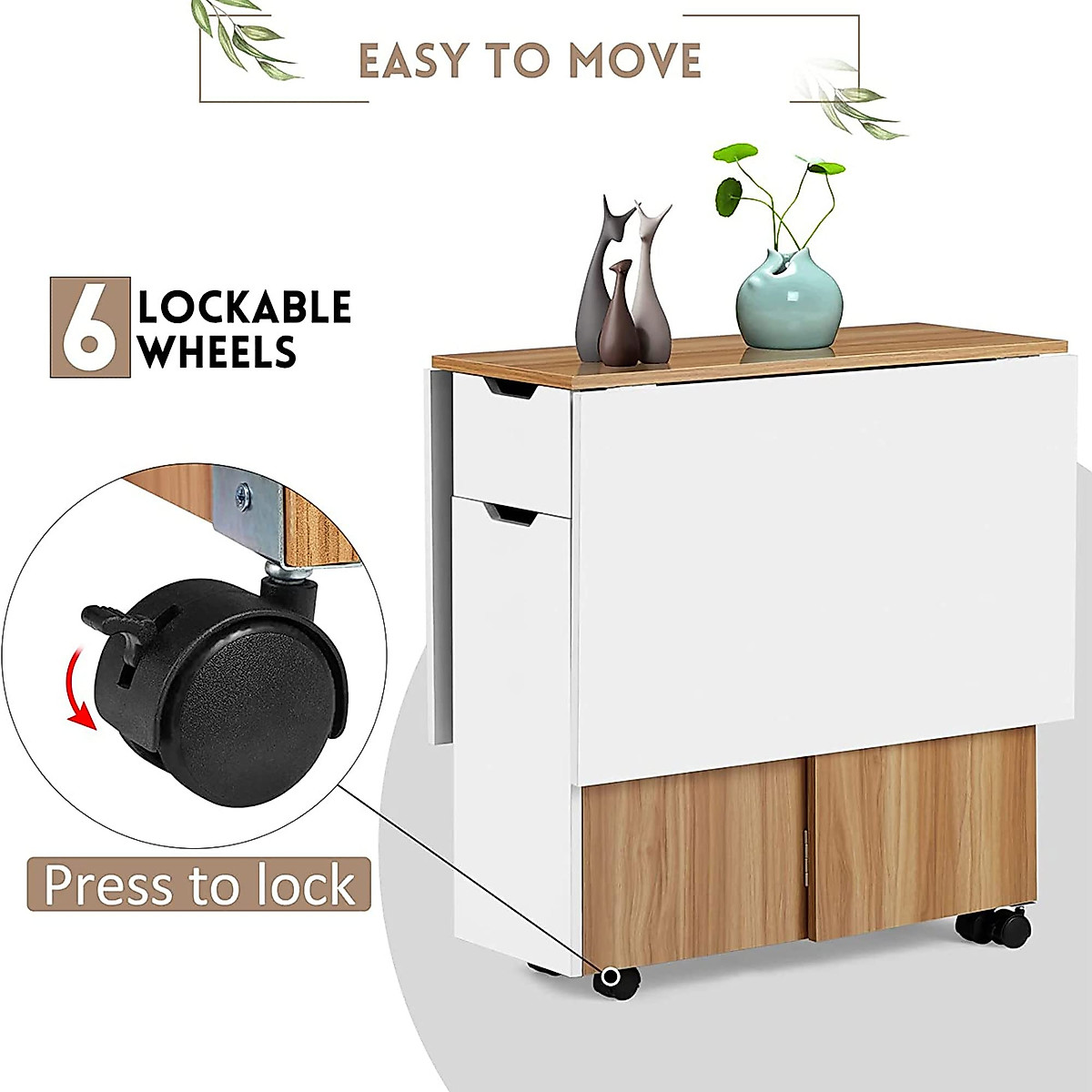 JOMEED Folding Dining Table with 6 Wheels, Drawer and 2-layer Storage Shelf, Drop Leaf Table for Small Space Space Saving Dining Table for Kitchen, Living Room (White and Wood Grain)