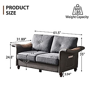 CALABASH Linen Fabric Leather 2 Seater Sofa Couch for Bedroom, 61" Modern Upholstered Tufted loveseat Sofa with Curved Armrest & Removable Storage Boxes for Living Room Office(Dark Grey)