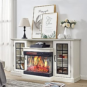 Amerlife 3-Sided Glass Fireplace TV Stand for TVs up to 65", Modern Media Entertainment Center Console Table with Glass Door Closed Storage, Distressed White