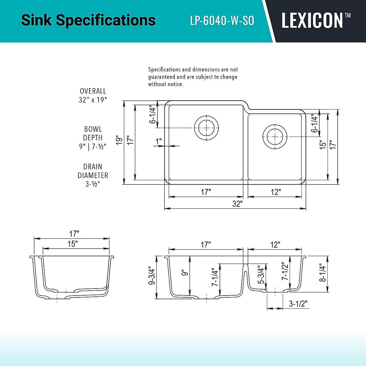 32" x 19" Quartz Kitchen Sink, 60/40 Double Bowl Sink, Drop-in Sink, Undermount Sink, Granite Kitchen Sink, White Kitchen Sink, Lexicon Platinum LP-6040-W-SO
