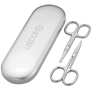 Stainless Steel Grooming Scissors - Eyebrow Scissor, Beard & Mustache Trimming Set, Small Curved & Rounded Tip Facial Hair Trimmer Kit for A Much Safer Ear, Nose Hair Clipper for Men & Travel Case