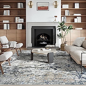 Miukiki 8x10 Area Rugs for Living Room,Anti-Slip Backing Washable Rug,Stain Resistant Modern Abstract Large Area Rug,Ultra-Thin Room Decor Rugs (Navy/Gold,8'x10')