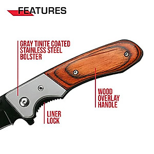 TAC FORCE Spring Assisted Folding Pocket Knife – Black Stainless Steel Drop Point Blade, Brown Wood Handle with Stainless Steel Bolster, Pocket Clip, Tactical, EDC, Rescue - TF-469