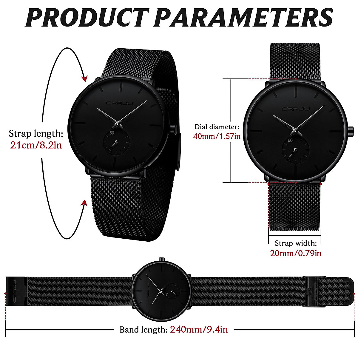 Mens Watches Ultra-thin Minimalist Waterproof-Fashion Wrist Watch for Men Unisex Dress with Stainless Steel Mesh Band-Black Hands