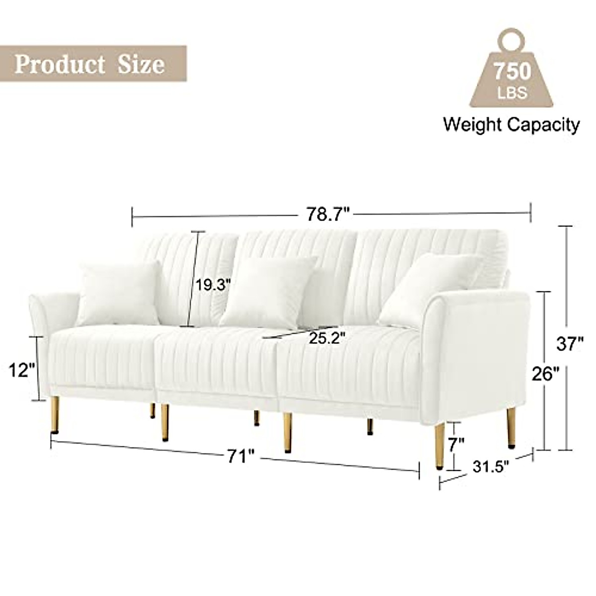 KIVENJAJA Velvet 3-Seater Sofa Couch, Modern Channel Tufted 3 Seat Couches with 2 Pillows & Gold Metal Legs for Living Room Bedroom Apartment, 78”W (Beige)