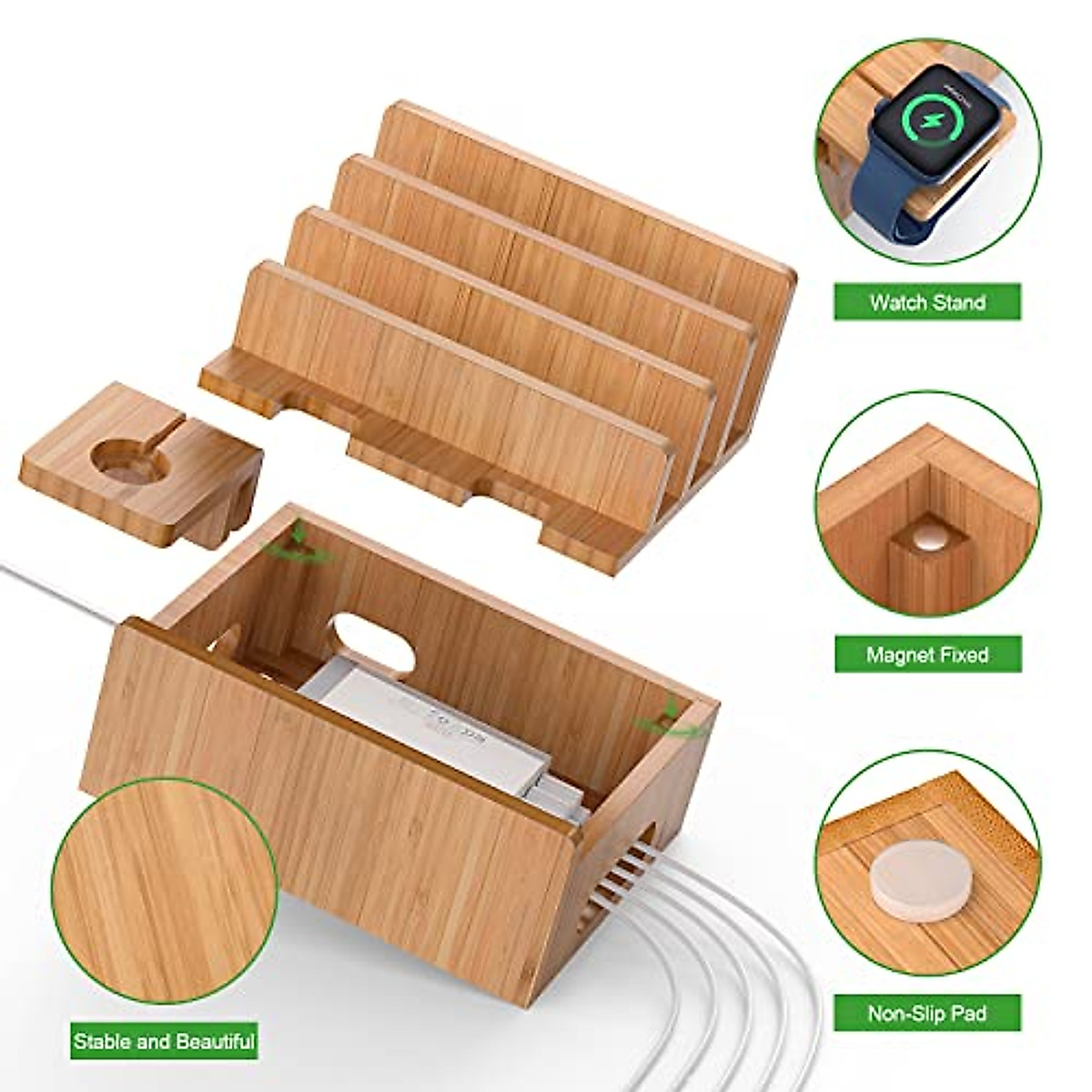 BEEBO BEABO Bamboo Charging Station, Wood Holder Docking Stand, Cell Phone Charging Stations Compatible with Phone, Tablet, Watch(Include 5 Port USB Charger, 6 Charging Cables and Watch Stand)