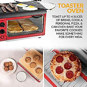 Nostalgia Retro 3-in-1 Family Size Electric Breakfast Station, Non Stick Die Cast Grill/Griddle, 4 Slice Toaster Oven, Coffee Maker, Red